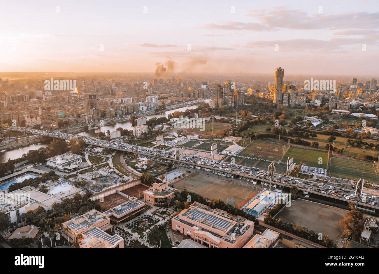 Aerial sunset panorama view of downtown Cairo and the Nile River seen ...