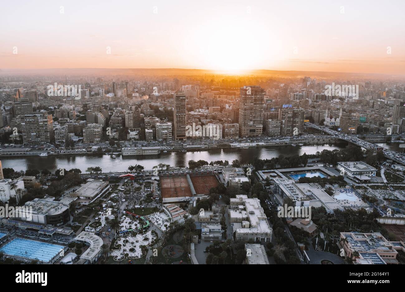 Aerial sunset panorama view of downtown Cairo and the Nile River seen ...