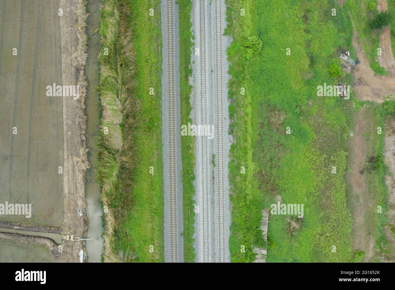 Aerial view from flying drone of railroad tracks Stock Photo - Alamy