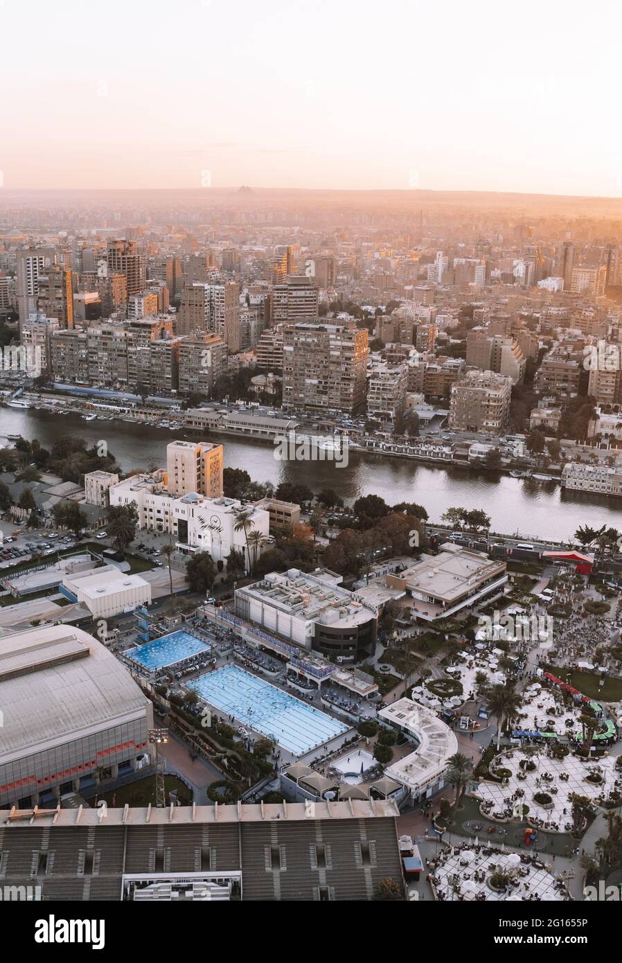 Aerial sunset panorama view of downtown Cairo and the Nile River seen ...