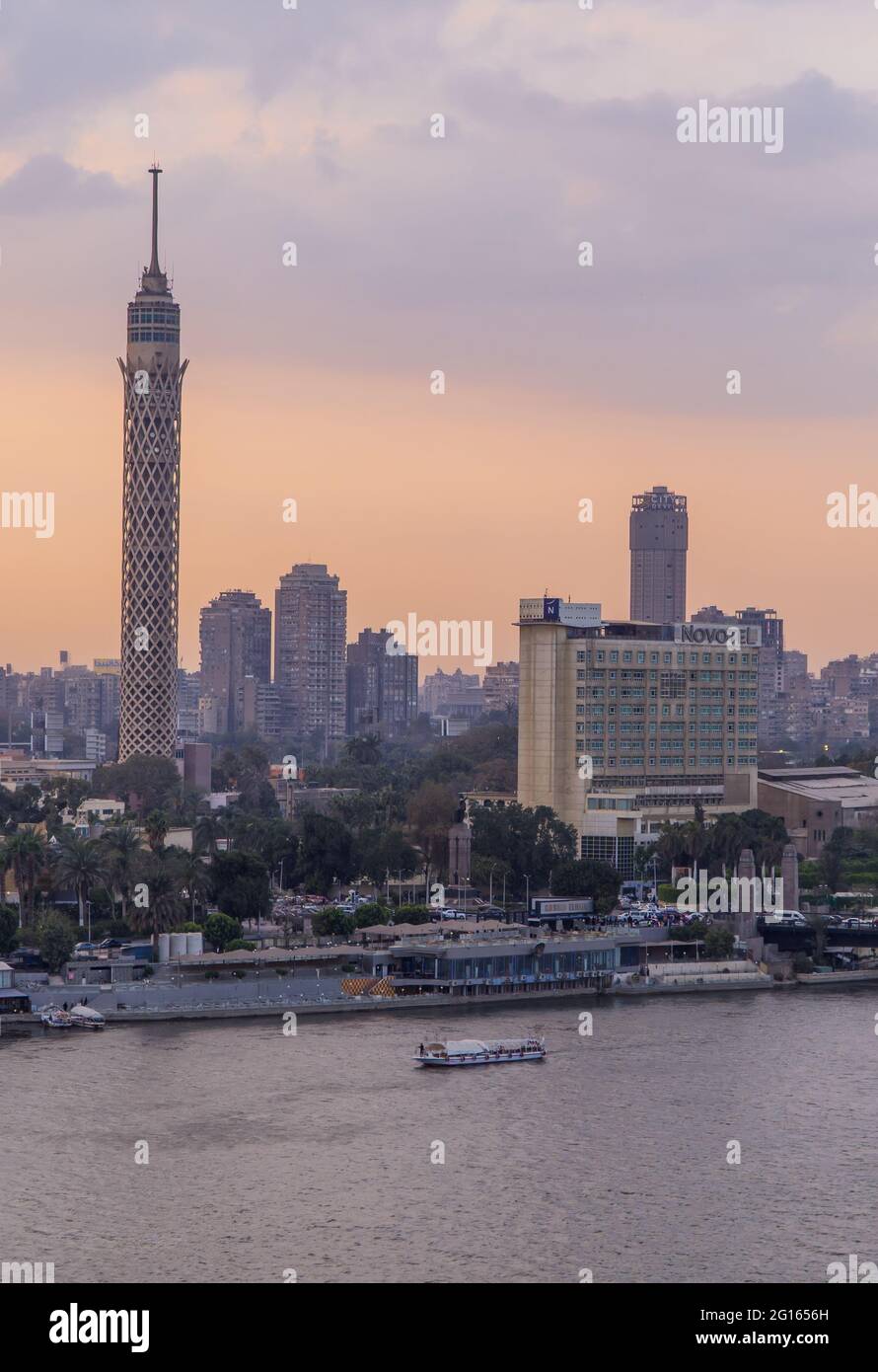 Aerial sunset panorama view of downtown Cairo and the Nile River seen ...