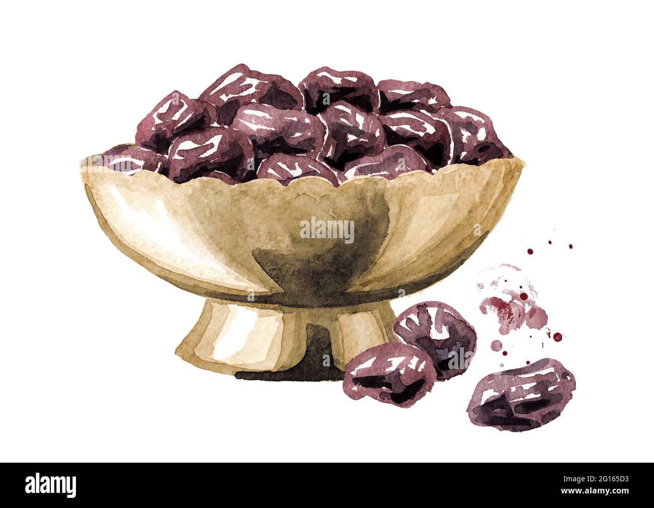 Bowl with Dried dark raisins. Hand drawn watercolor illustration ...