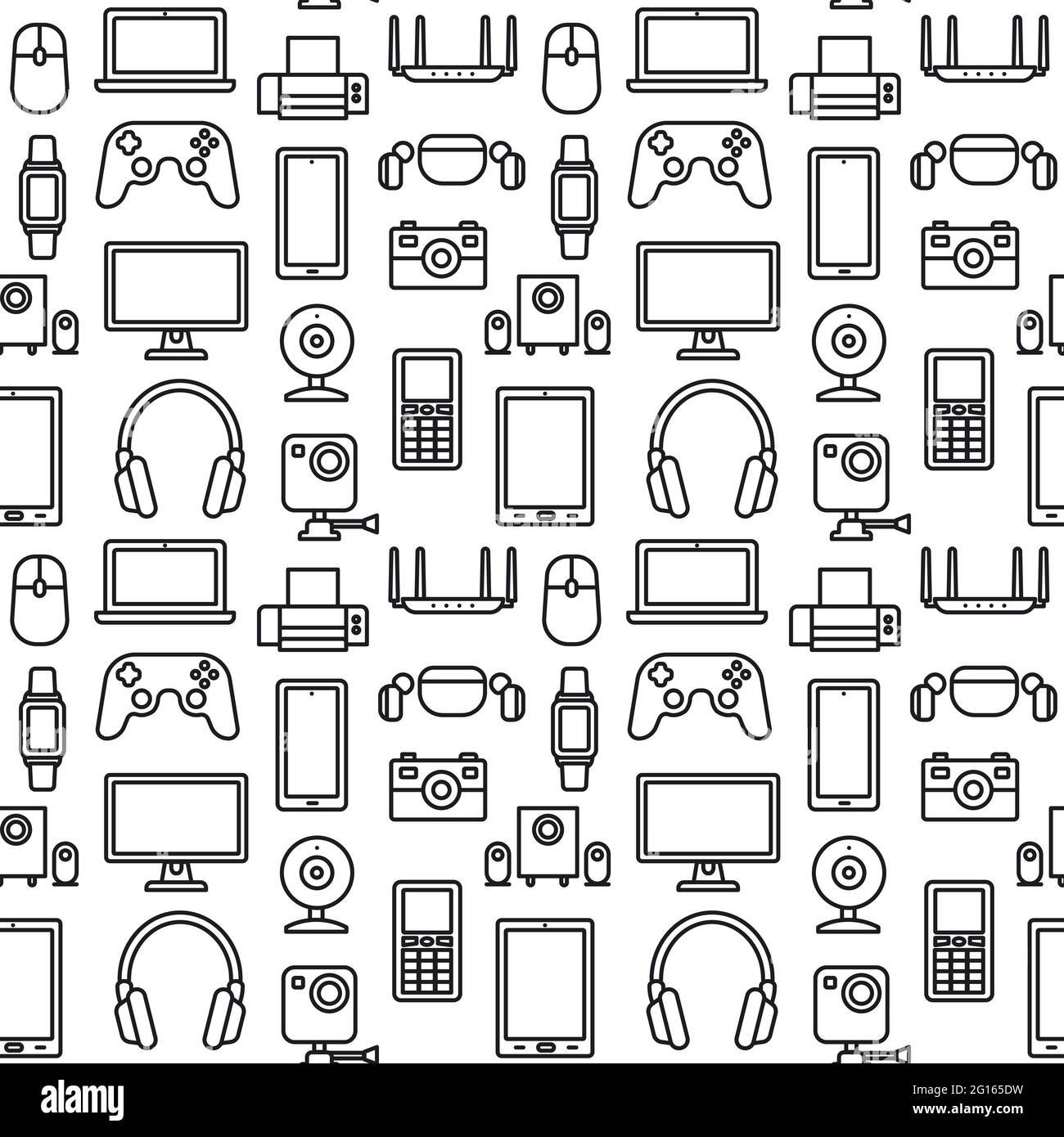 Black and white outline seamless pattern of the digital devices and ...