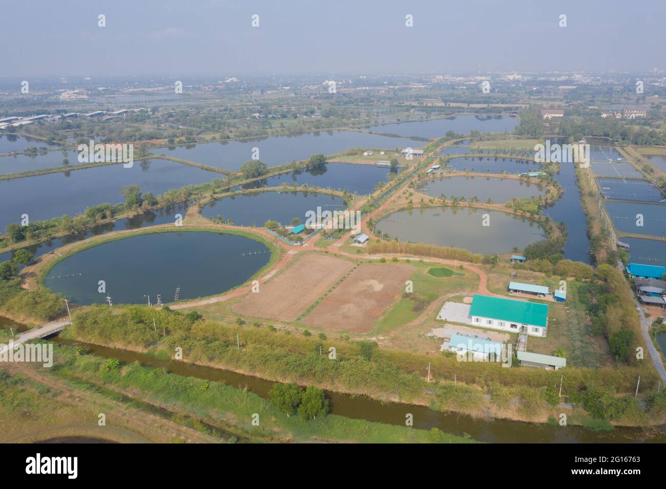 Aerial view from flying drone of Fish pond, fish farm Stock Photo - Alamy