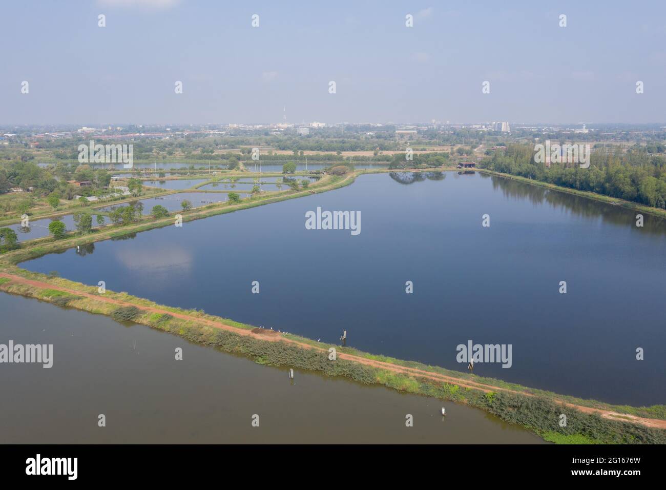 Aerial view from flying drone of Fish pond, fish farm Stock Photo - Alamy