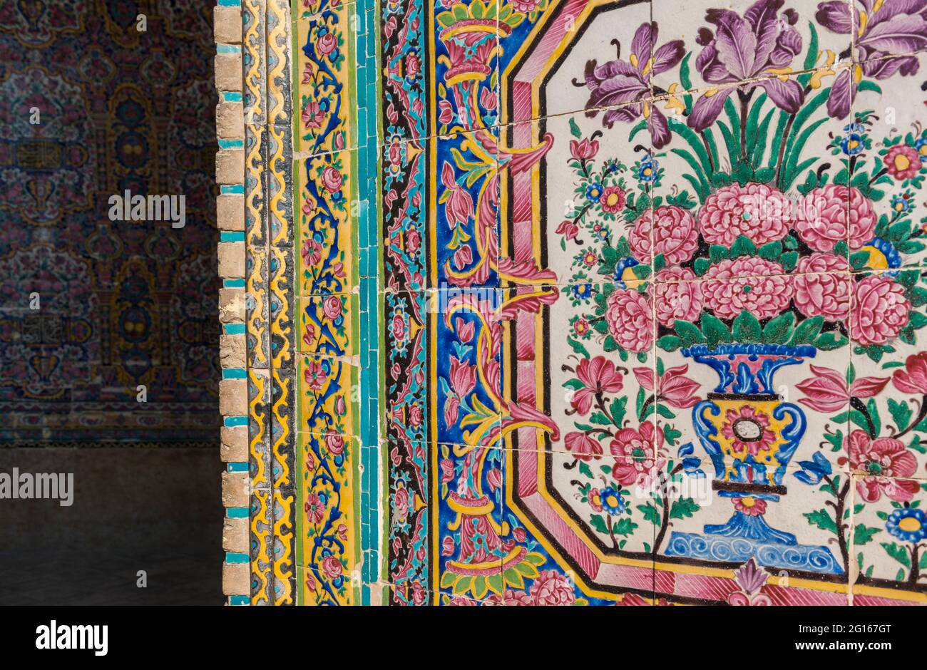 Detail of a tiled wall with floral design in the Nasir-ol-Molk mosque ...