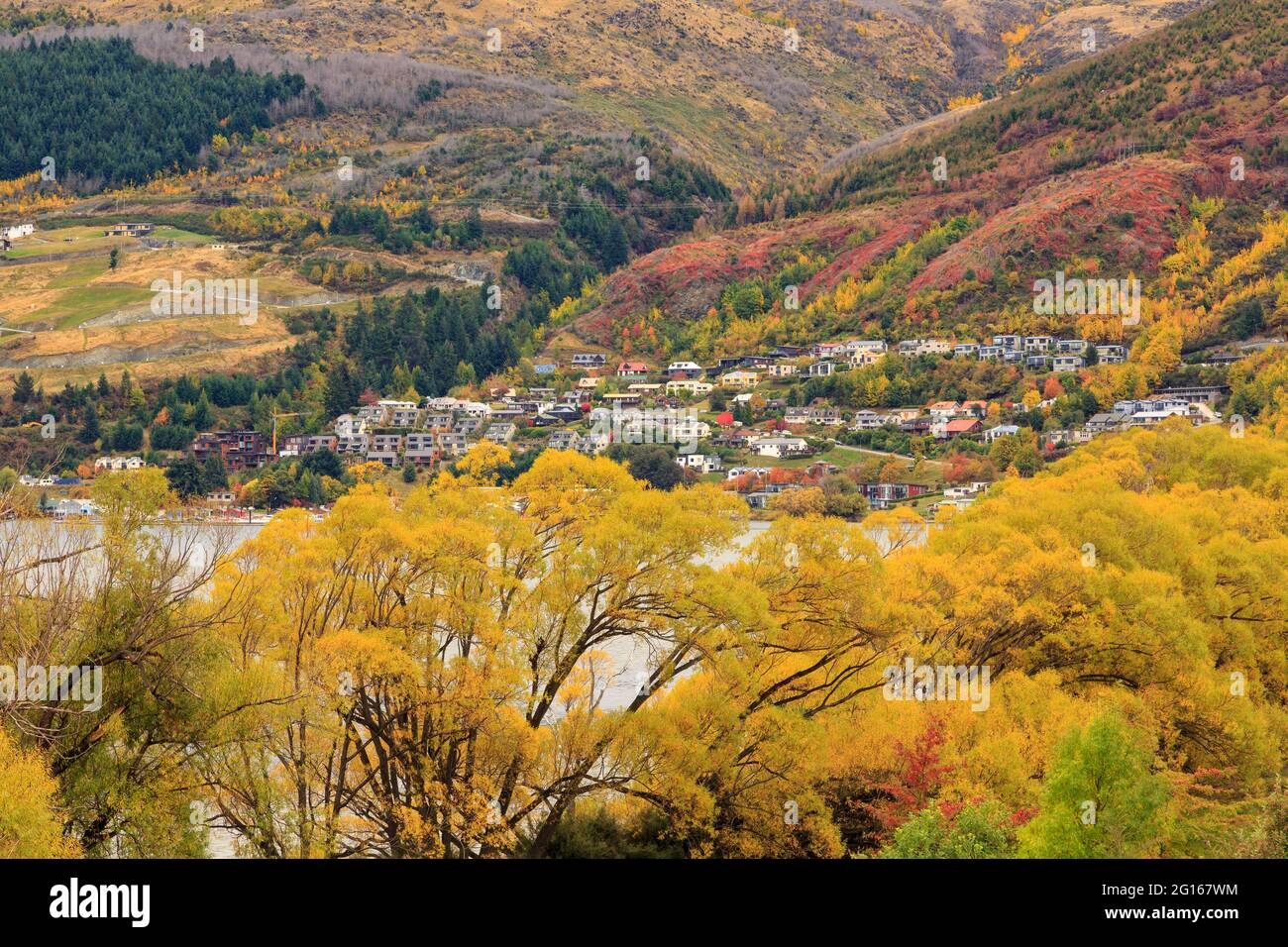 Queenstown, New Zealand, in autumn. The suburb of Frankton is ...