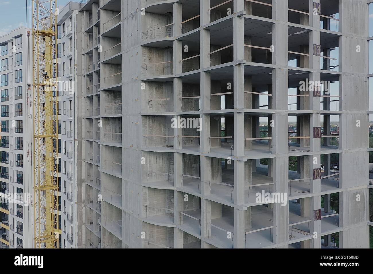 Aerial view of high residential apartment building under construction ...