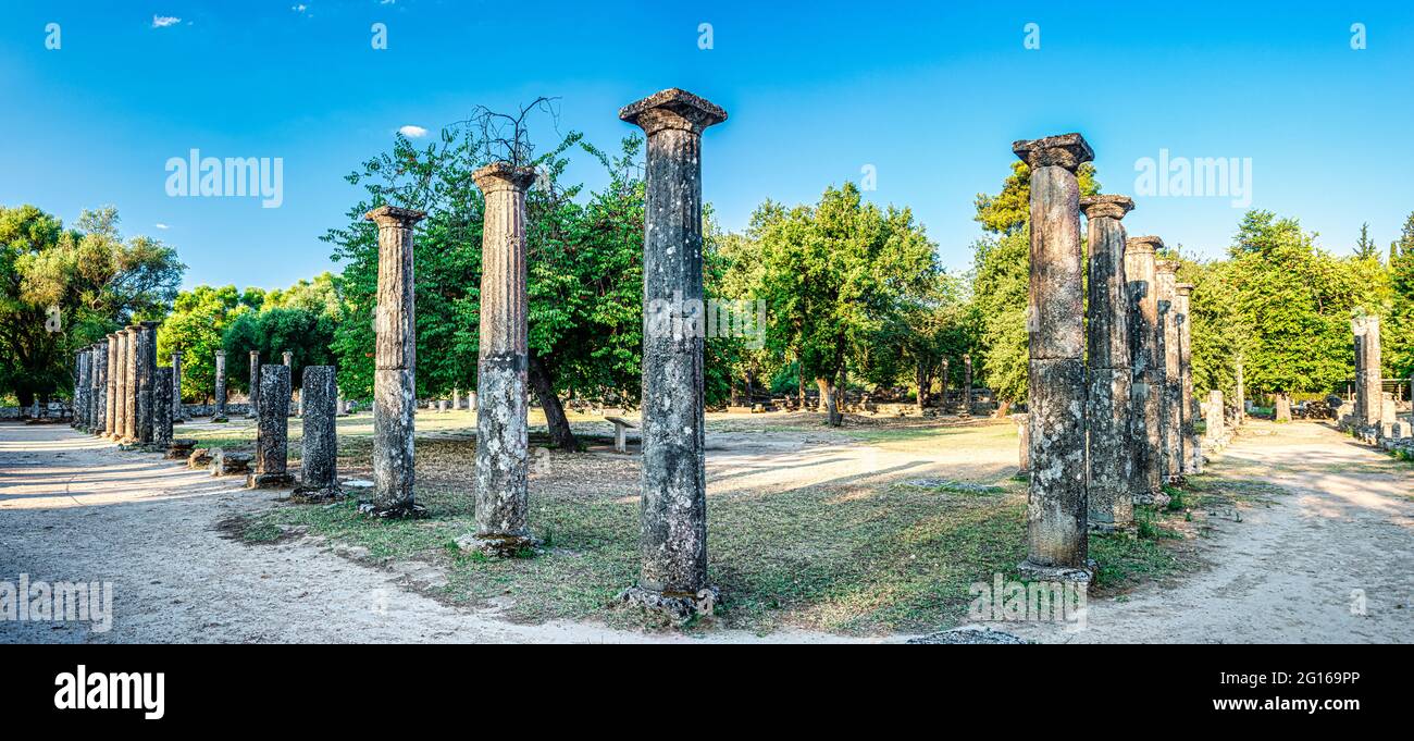 Broken Column remains in the Old city of Olympia in Peloponnes with its ...