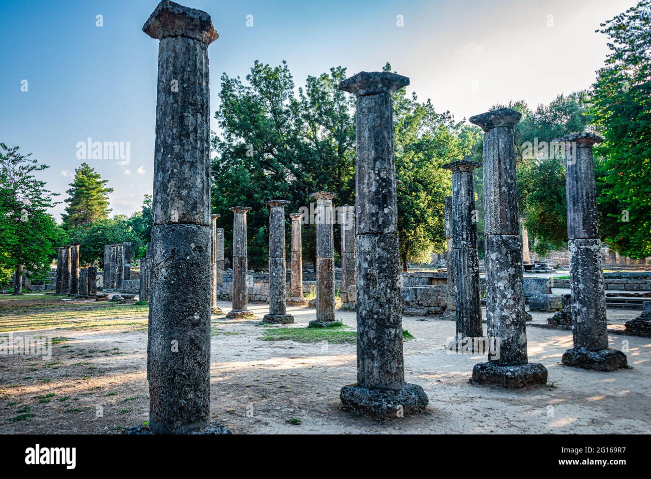 Broken Column remains in the Old city of Olympia in Peloponnes with its ...