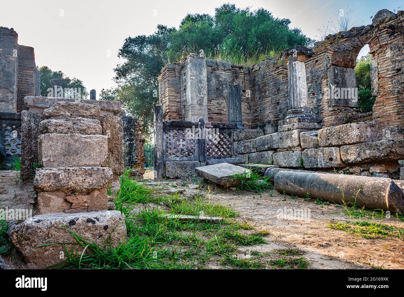 Broken Column remains in the Old city of Olympia in Peloponnes with its ...