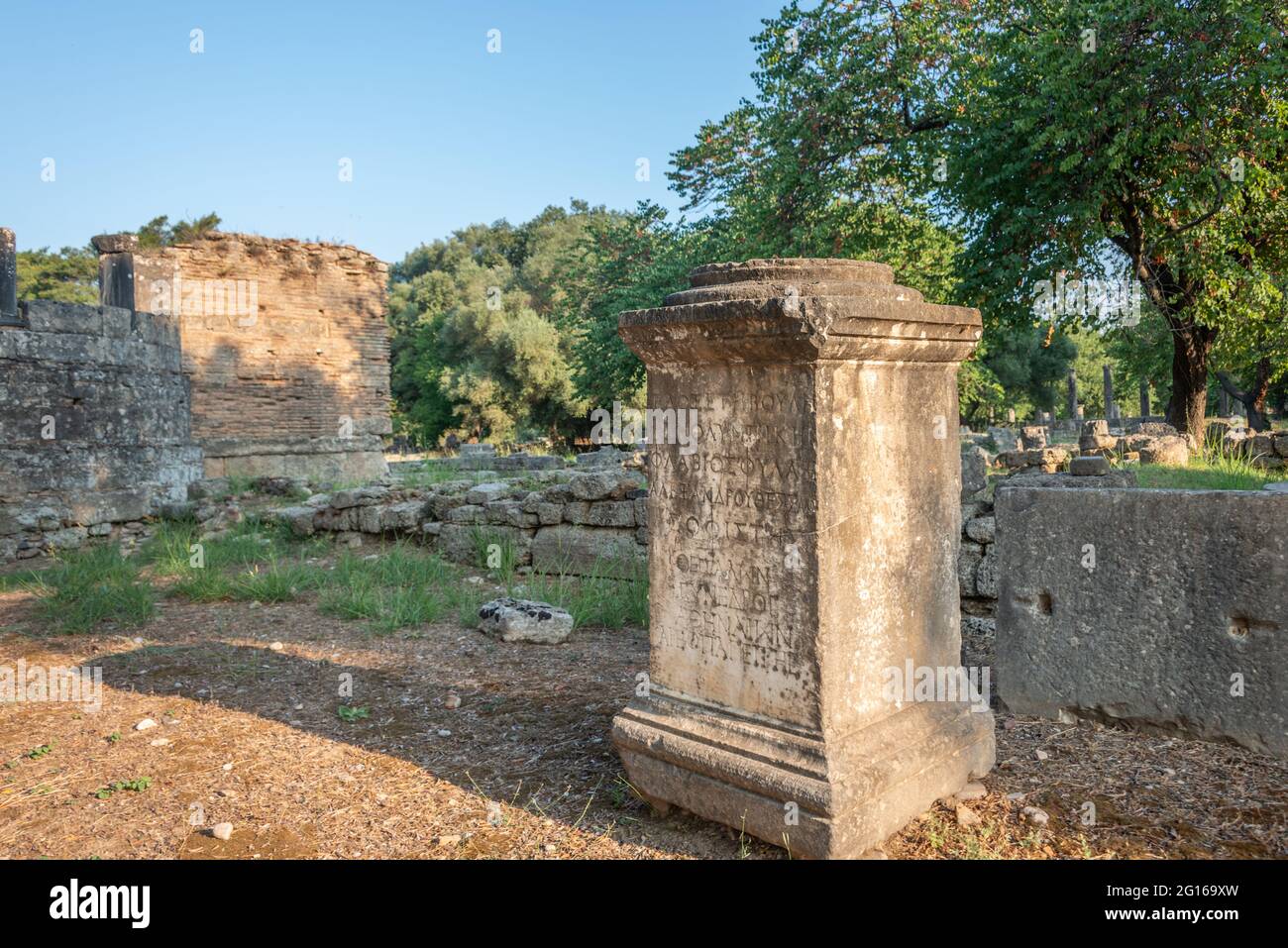 Broken Column remains in the Old city of Olympia in Peloponnes with its ...