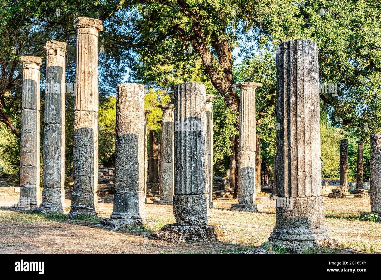 Broken Column remains in the Old city of Olympia in Peloponnes with its ...