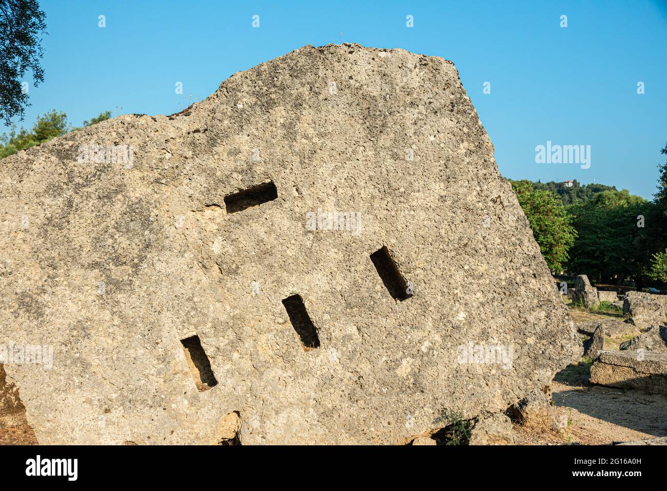 Broken Column remains in the Old city of Olympia in Peloponnes with its ...