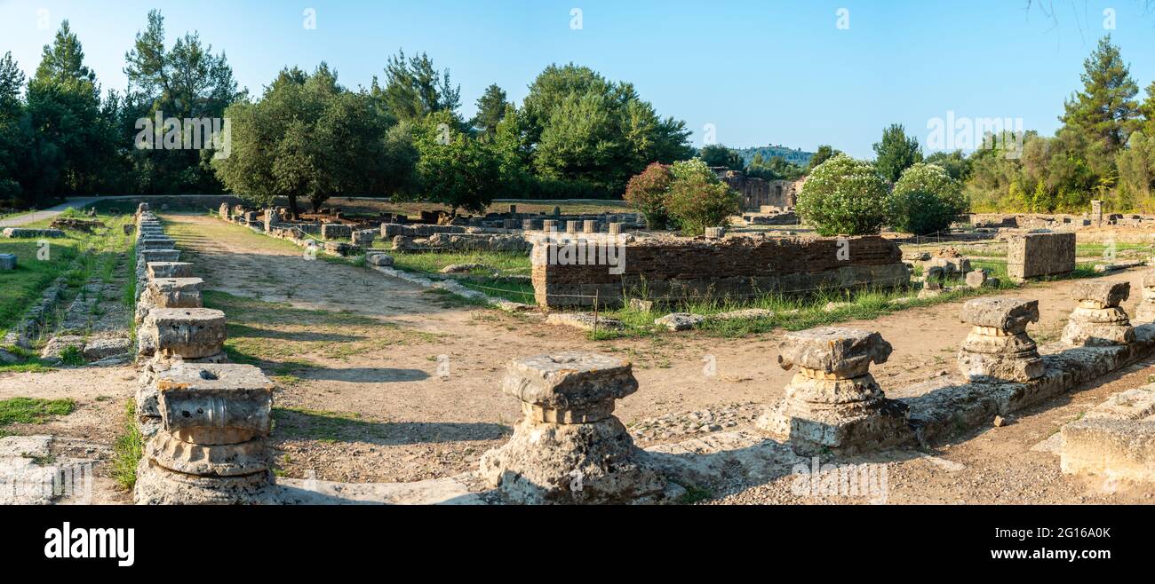 Broken Column remains in the Old city of Olympia in Peloponnes with its ...