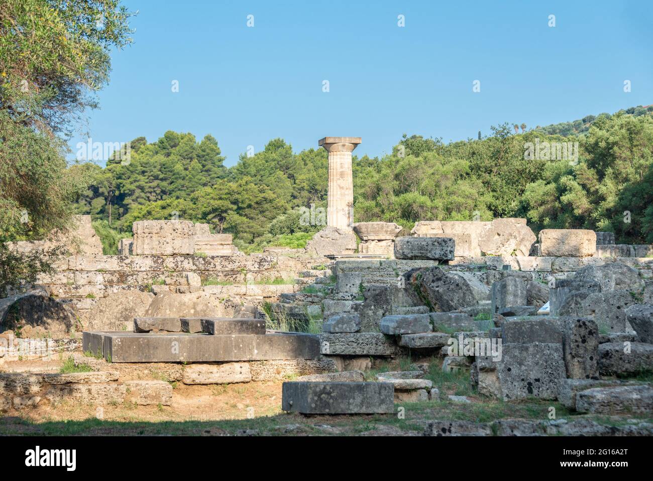 Broken Column remains in the Old city of Olympia in Peloponnes with its ...