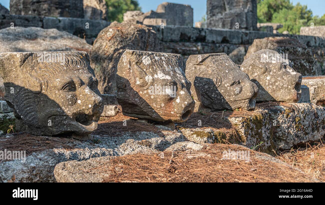 Broken Column remains in the Old city of Olympia in Peloponnes with its ...