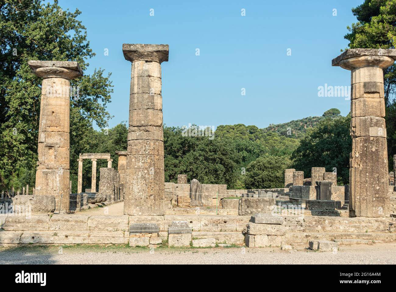 Broken Column remains in the Old city of Olympia in Peloponnes with its ...