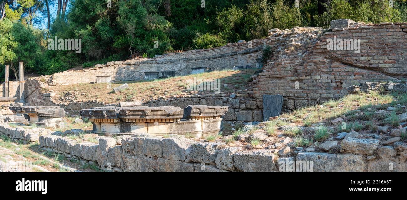 Broken Column remains in the Old city of Olympia in Peloponnes with its ...