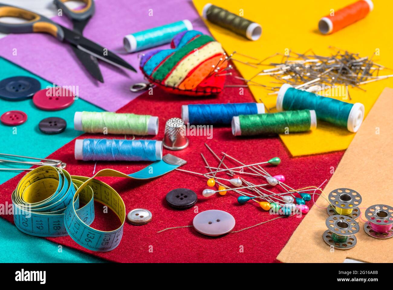 Sewing kit, thread, felt and pins, tape measure Stock Photo - Alamy