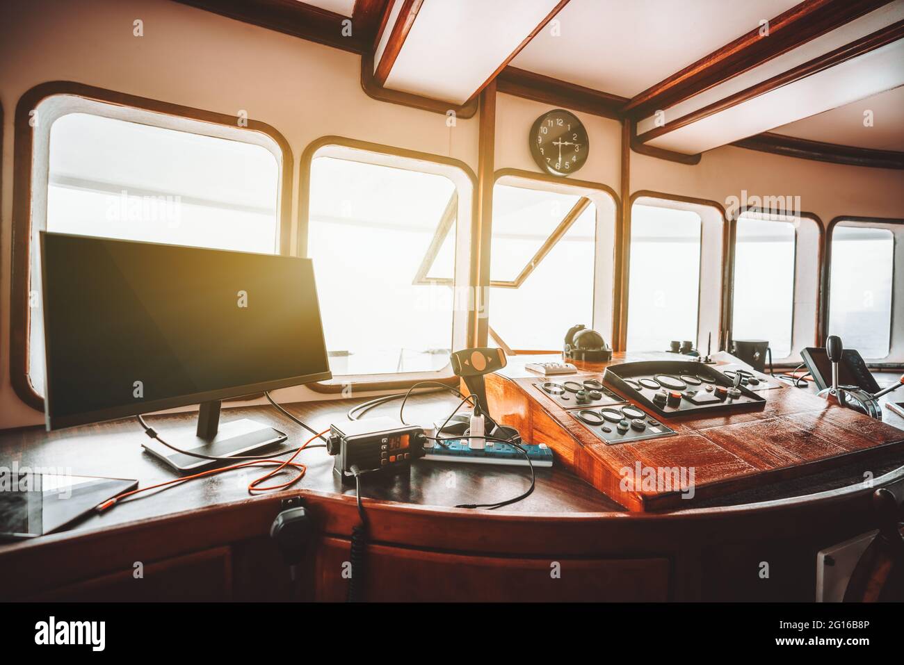 View of a cockpit area inside of a deckhouse of a modern safari or ...