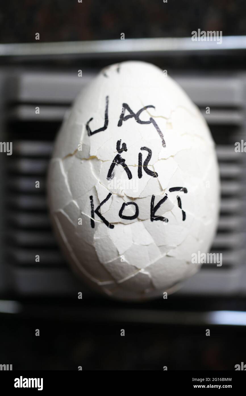 Eggs with the text "I am cooked Stock Photo - Alamy