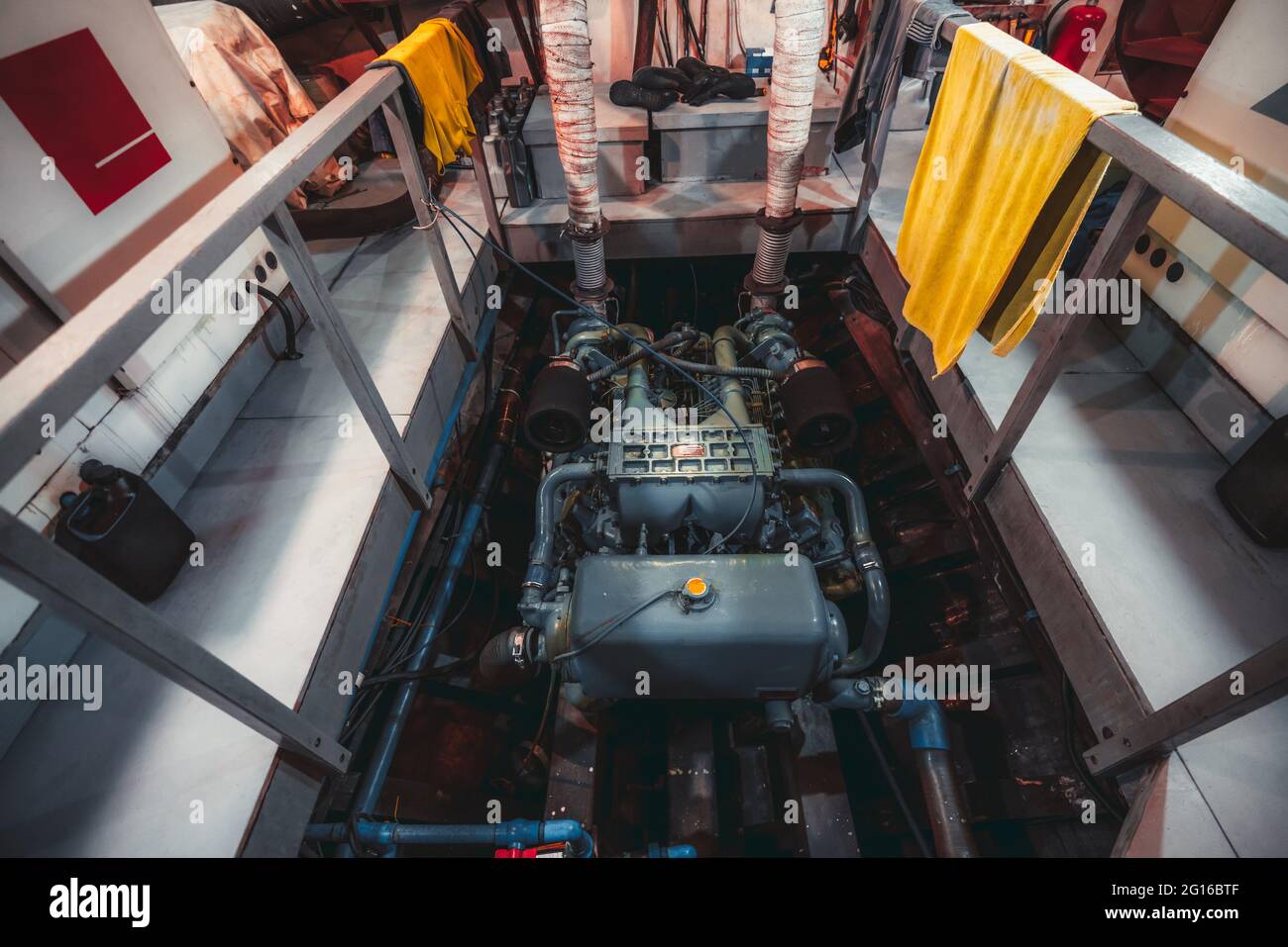 A wide-angle view of a huge powerful gasoline diesel engine of a yacht ...