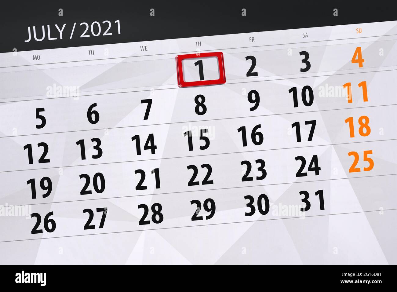 Calendar planner for the month july 2021, deadline day, 1, thursday ...