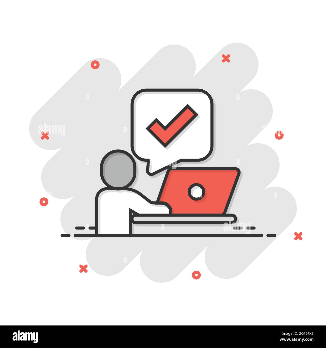 People with laptop computer icon in comic style. Pc user check mark ...