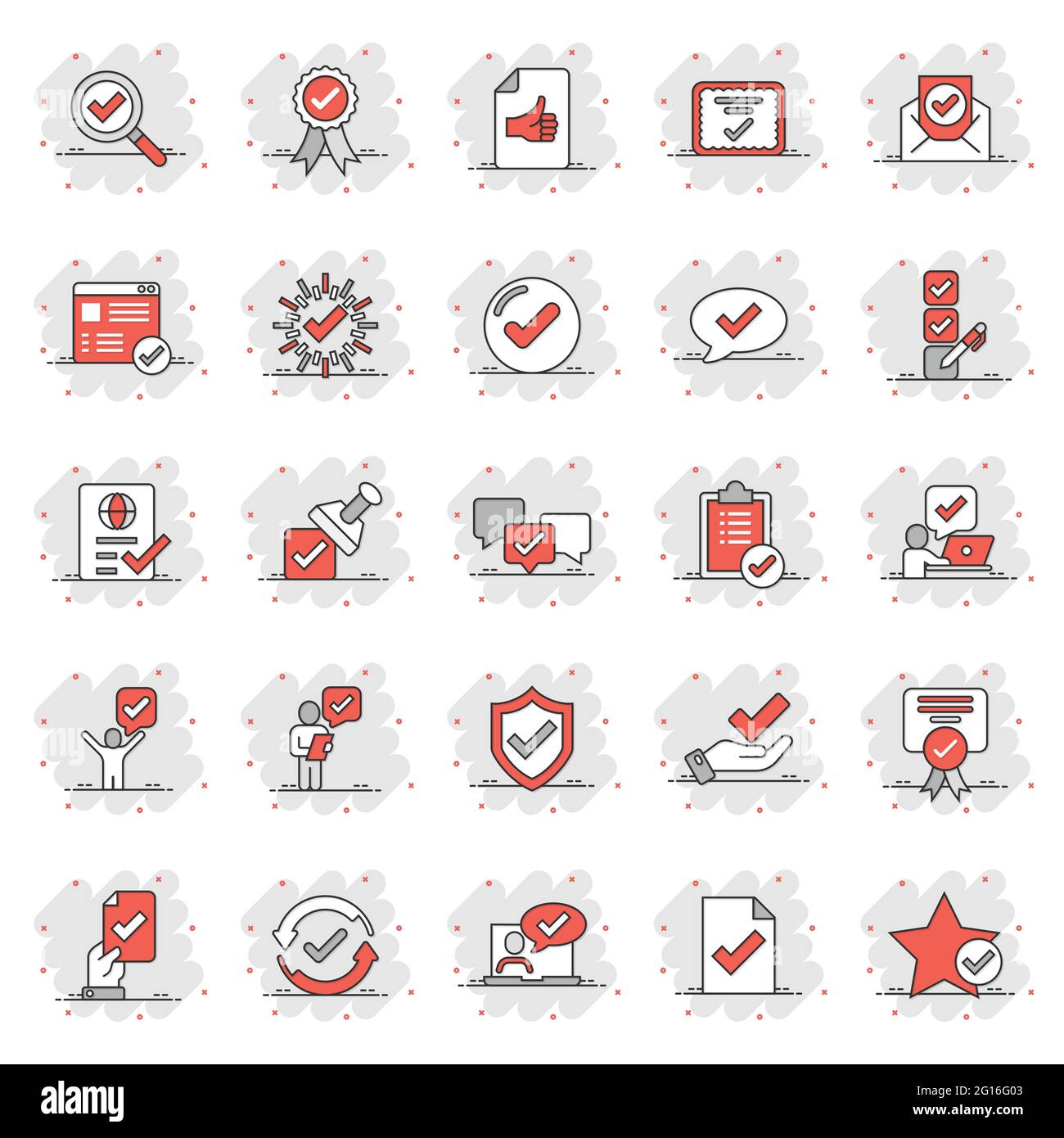 Approve icon set in comic style. Check mark cartoon vector illustration ...