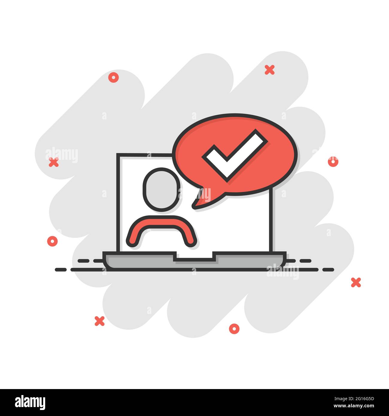 People with laptop computer icon in comic style. Pc user check mark ...