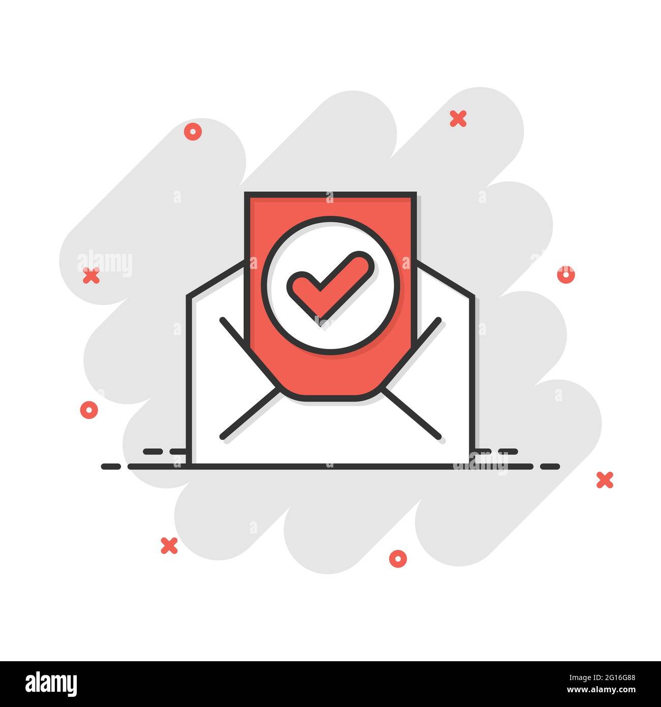 Envelope with confirmed document icon in comic style. Verify cartoon ...