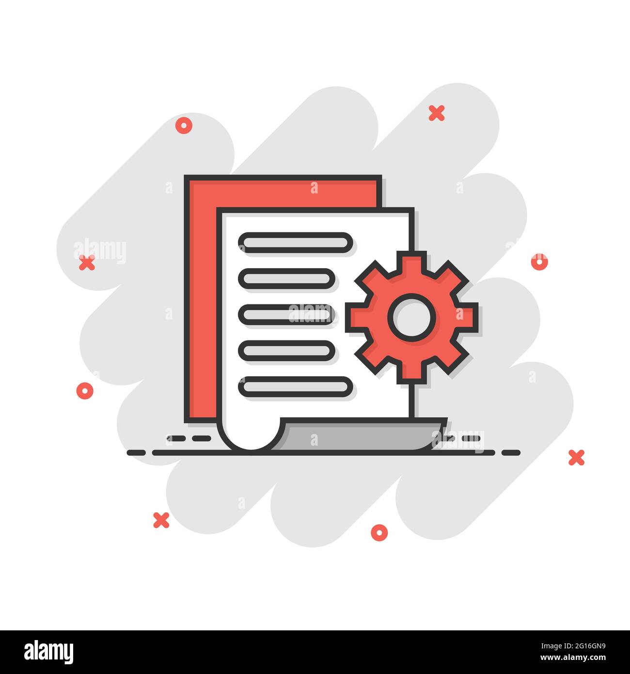 Document with gear icon in comic style. Big data processing cartoon ...