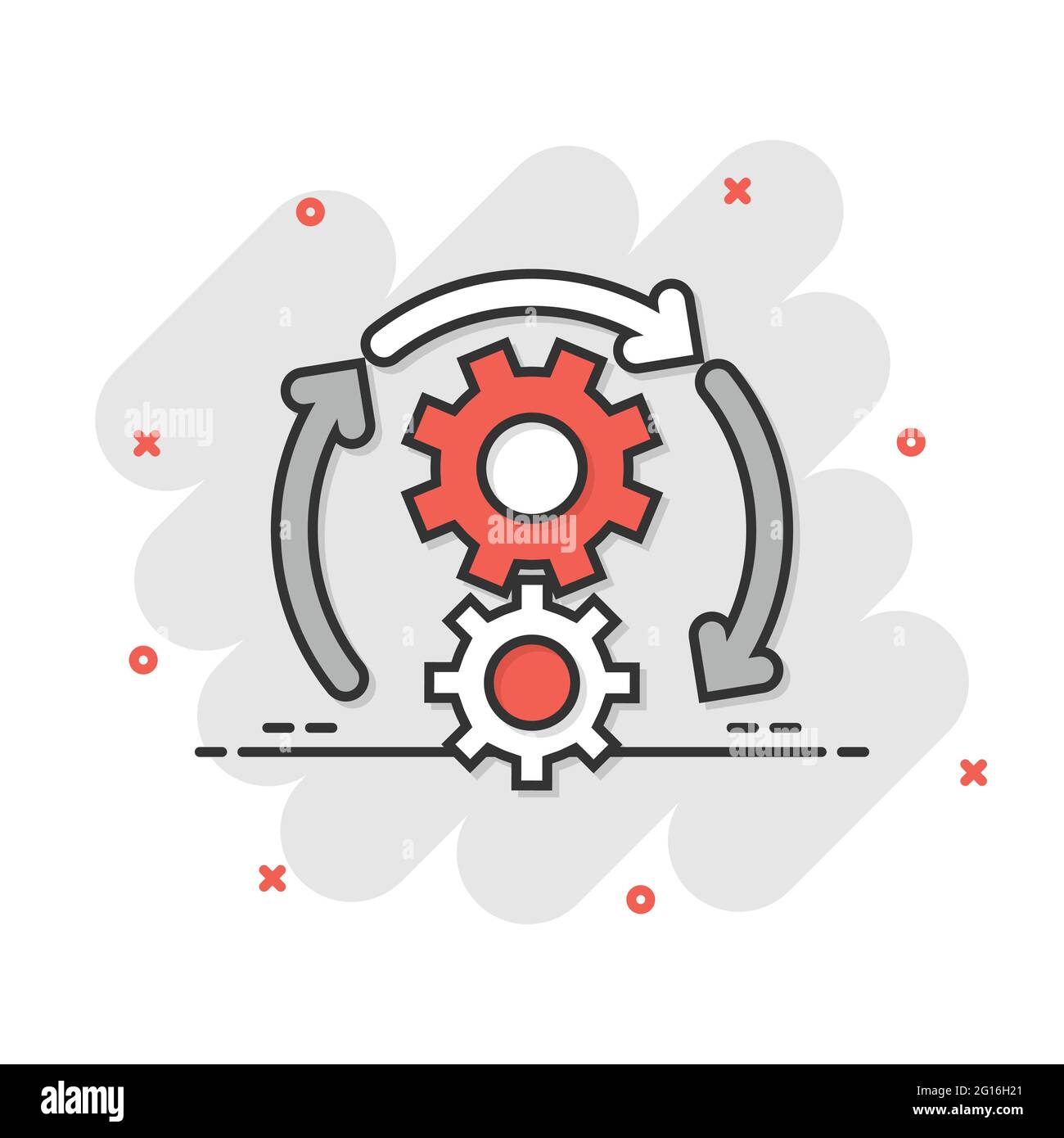 Workflow icon in comic style. Gear effective cartoon vector ...