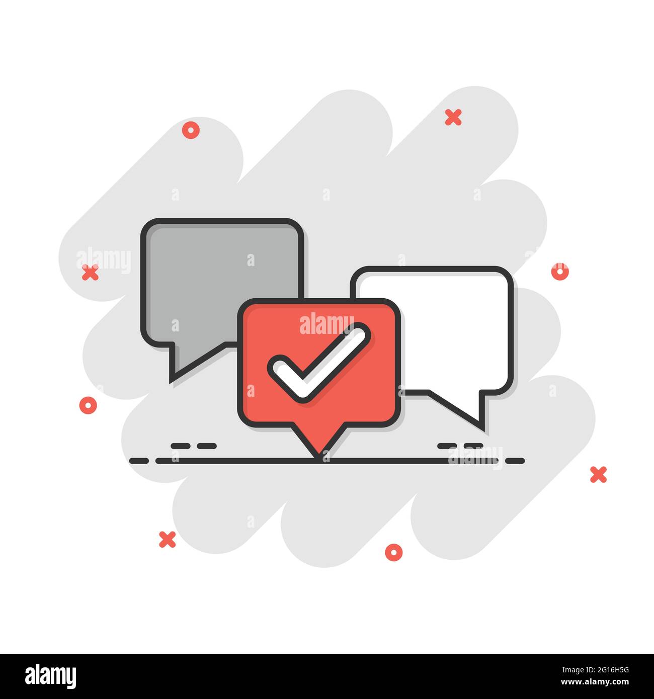Speak chat sign icon in comic style. Speech bubble with check mark ...
