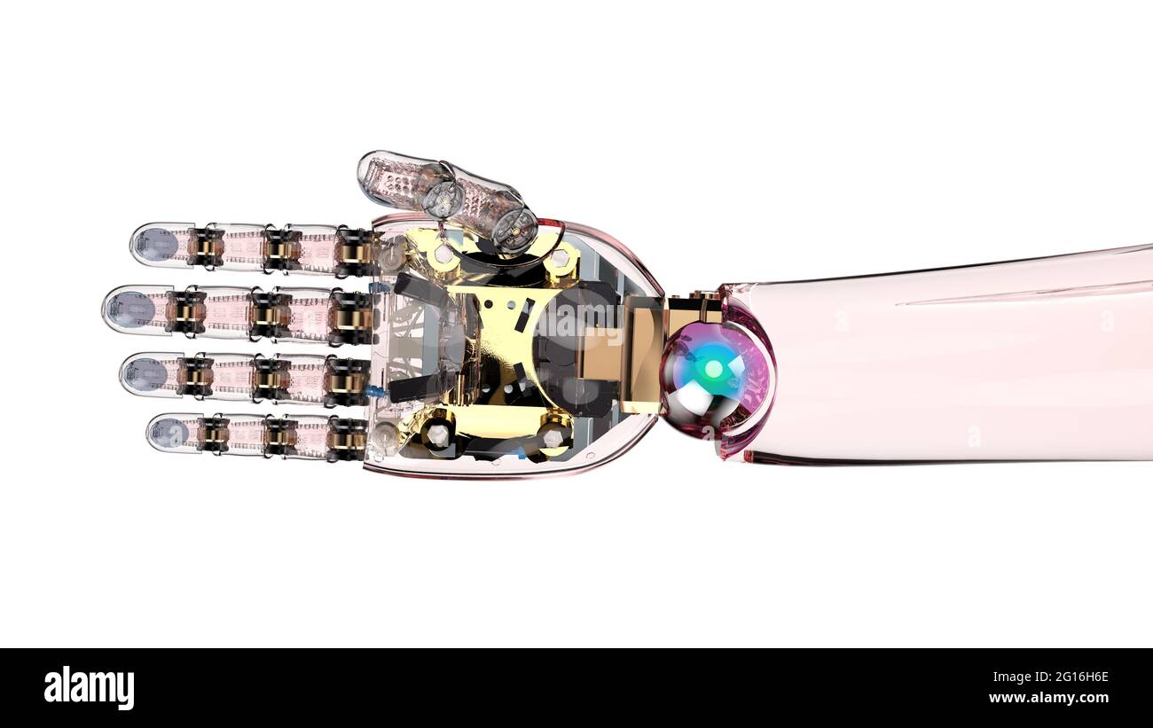 3d rendering robot hand palm open with glassy red skin isolated on ...