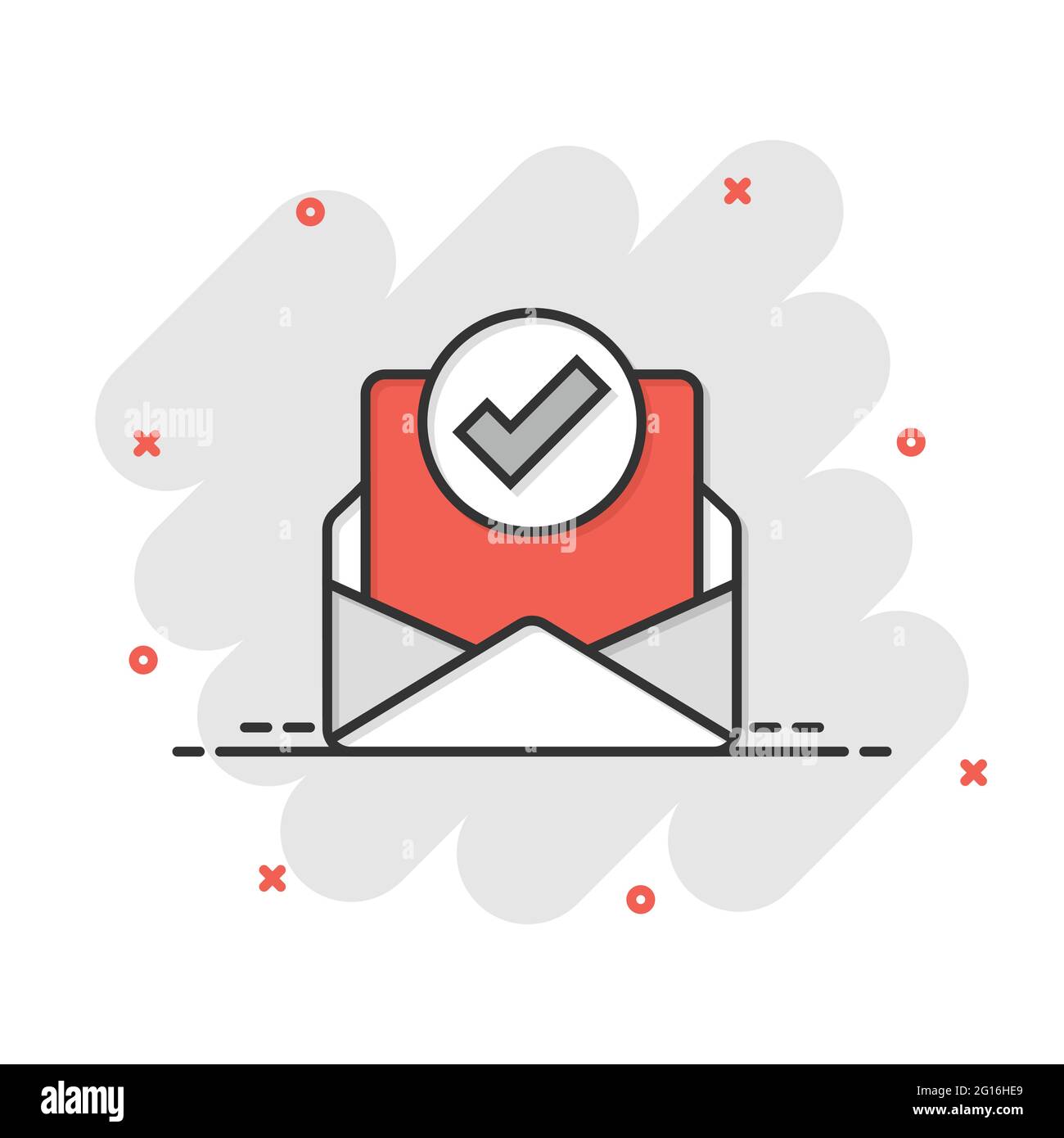Envelope with confirmed document icon in comic style. Verify cartoon ...