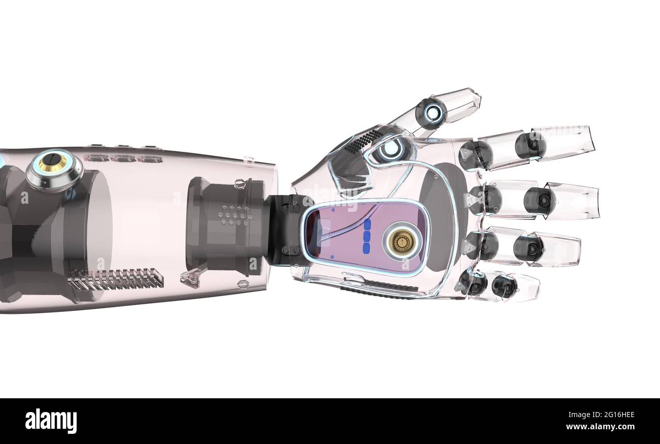 3d rendering robot hand palm open with glassy red skin isolated on ...