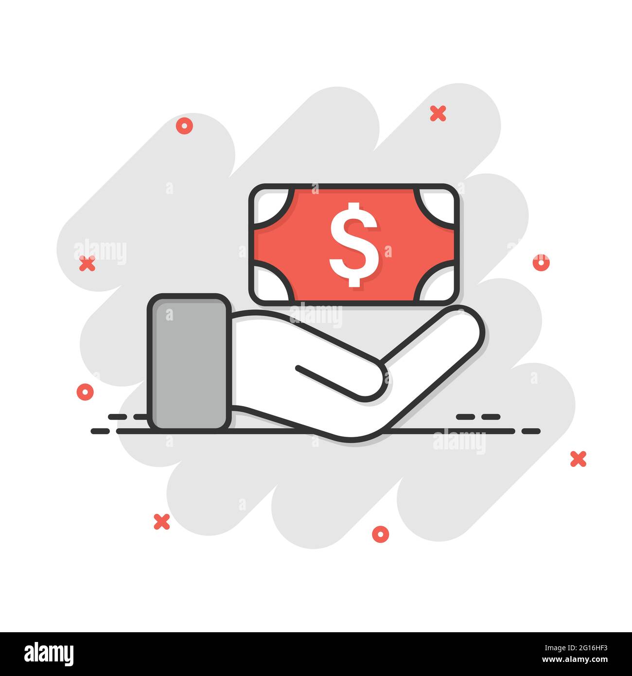 Remuneration icon in comic style. Money in hand cartoon vector ...