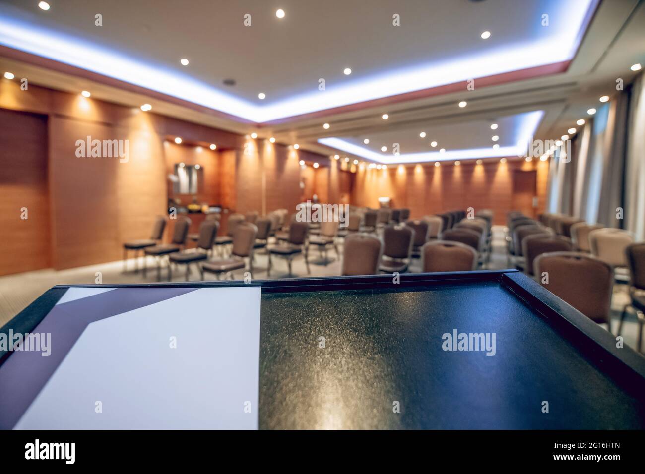Conference room with nice furniture and floating ceiling Stock Photo ...