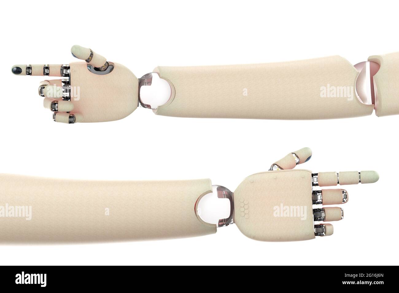 3d rendering robot hand finger point with human skin isolated on white ...