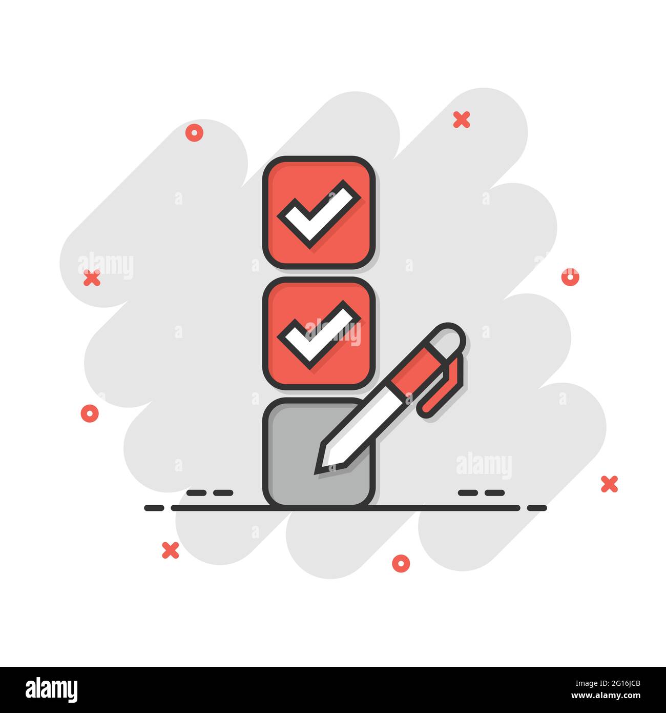Checklist document icon in comic style. Survey cartoon vector ...
