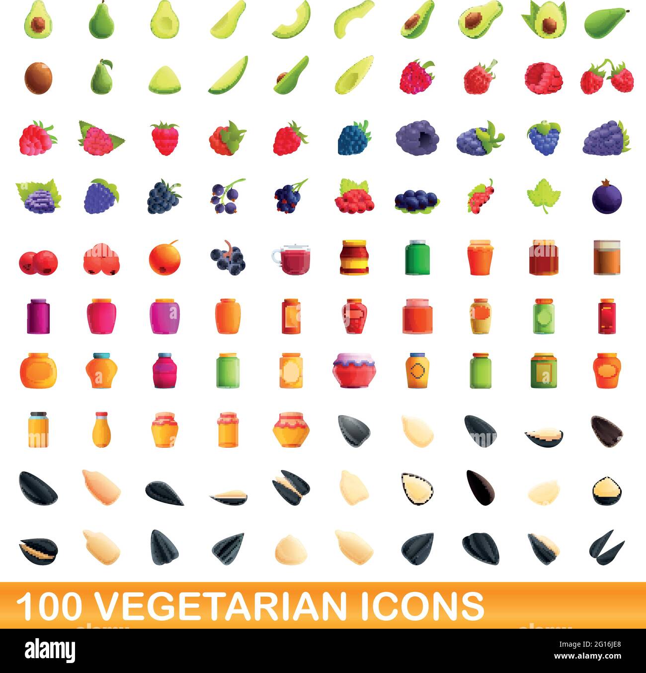 100 vegetarian icons set. Cartoon illustration of 100 vegetarian icons ...