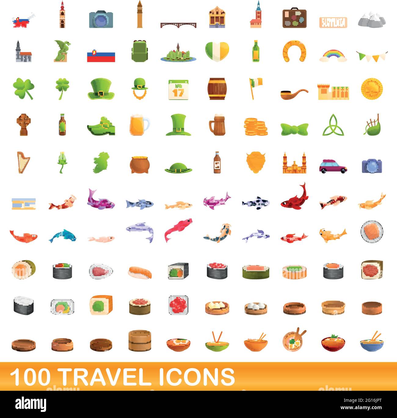 100 travel icons set. Cartoon illustration of 100 travel icons vector ...