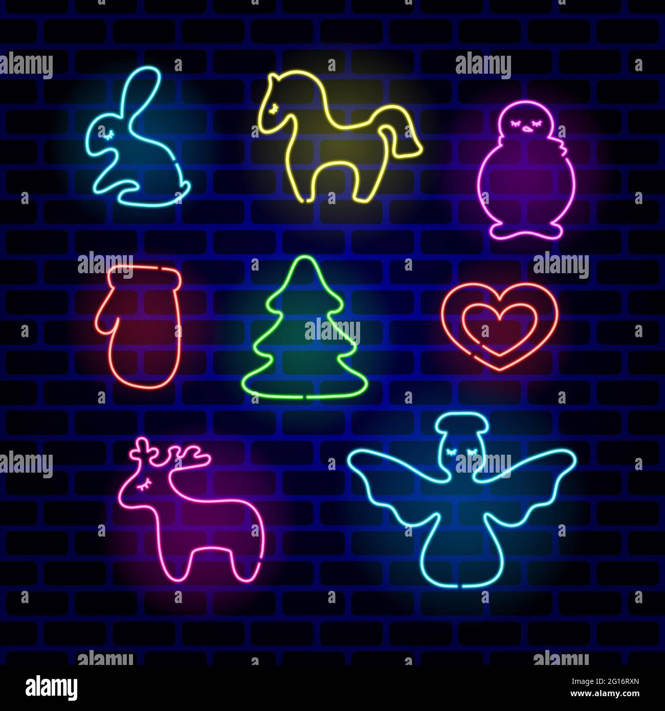 Set of neon Christmas decoration. Decorative Christmas toy bright ...