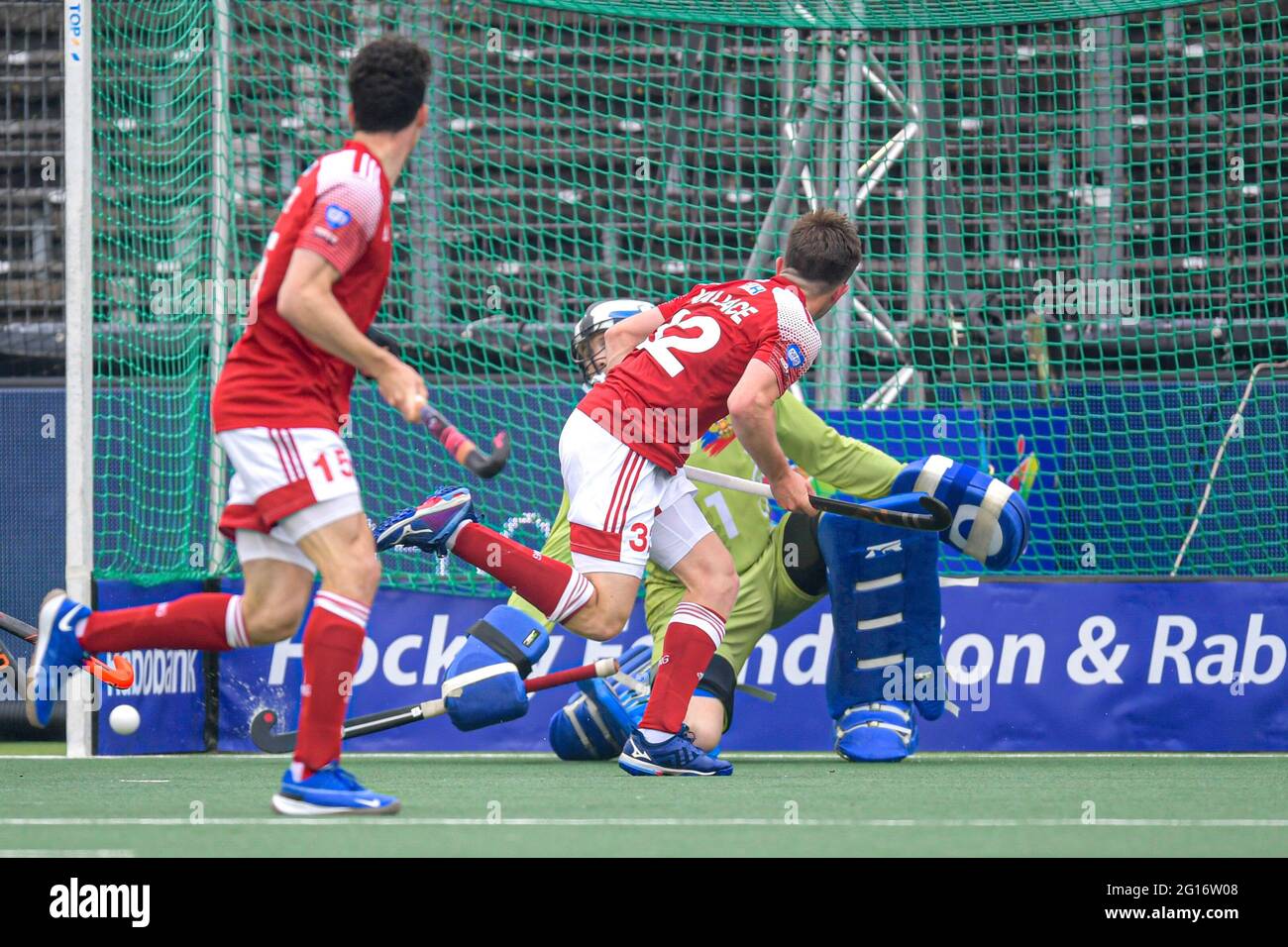 Amstelveen, Netherlands. 05th June, 2021. Zach Wallace of England takes a shot, goalkeeper Ivan ...