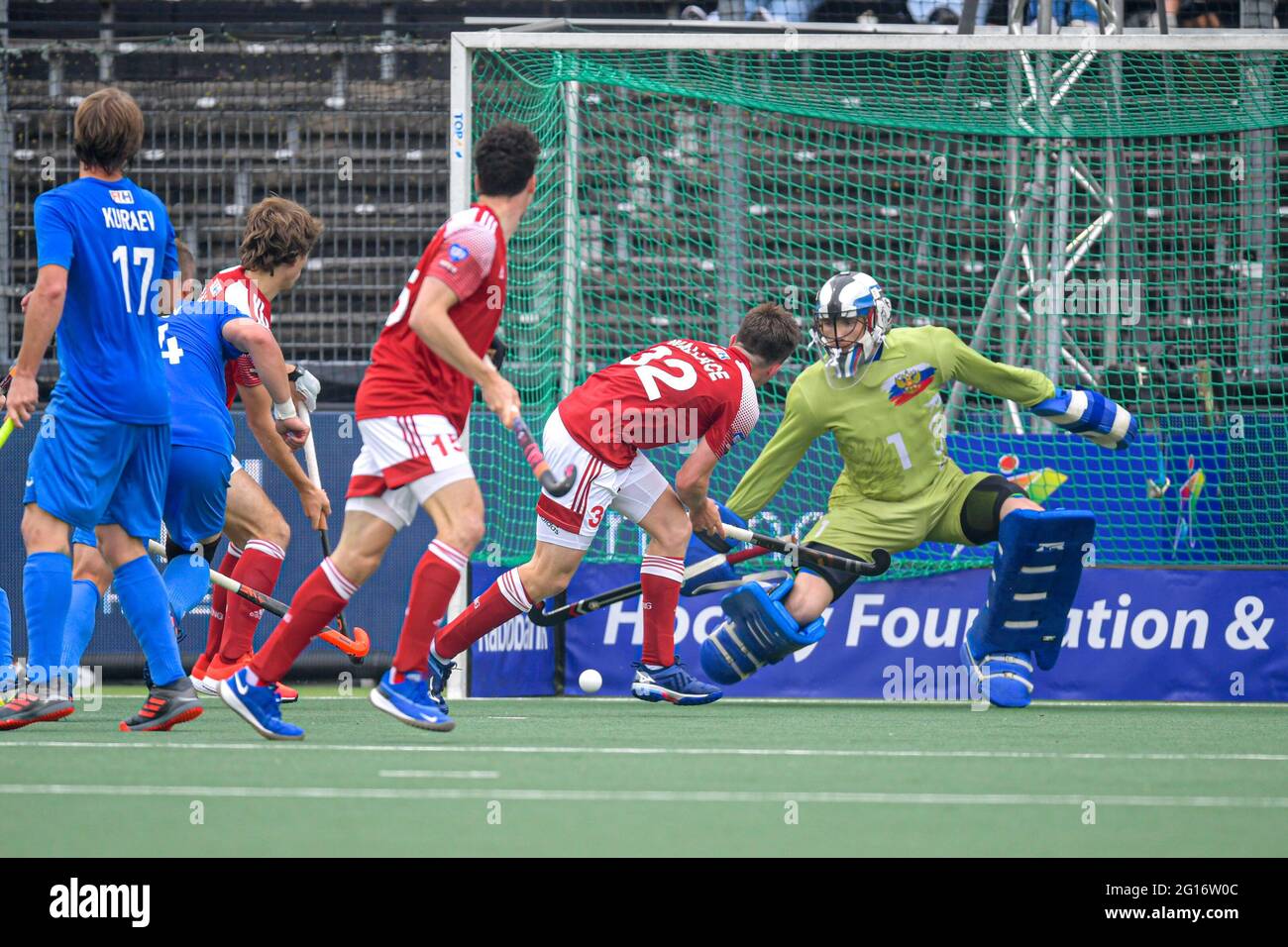 Amstelveen, Netherlands. 05th June, 2021. Zach Wallace of England takes a shot, goalkeeper Ivan ...