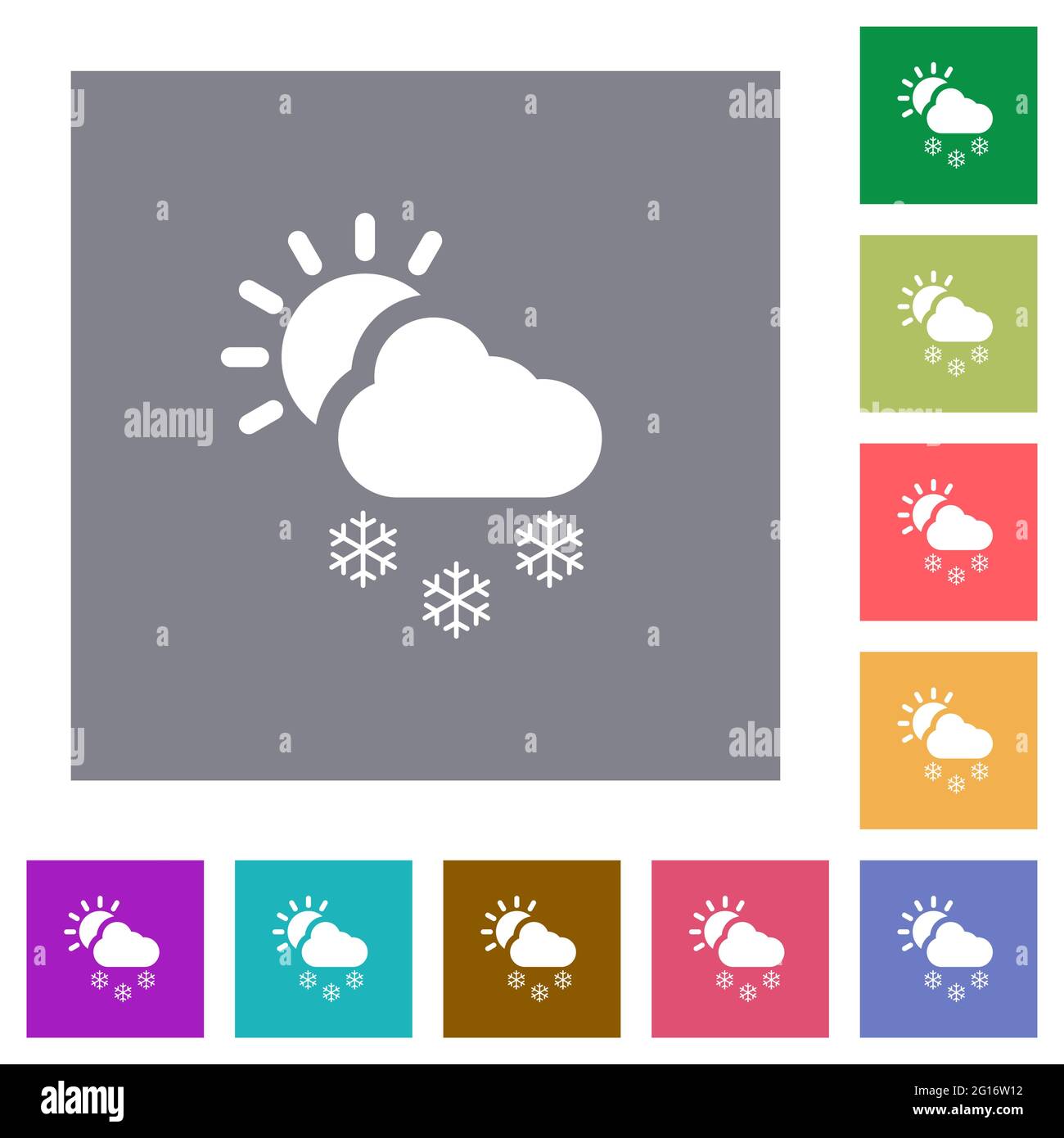 Sunny and snowy weather flat icons on simple color square backgrounds ...