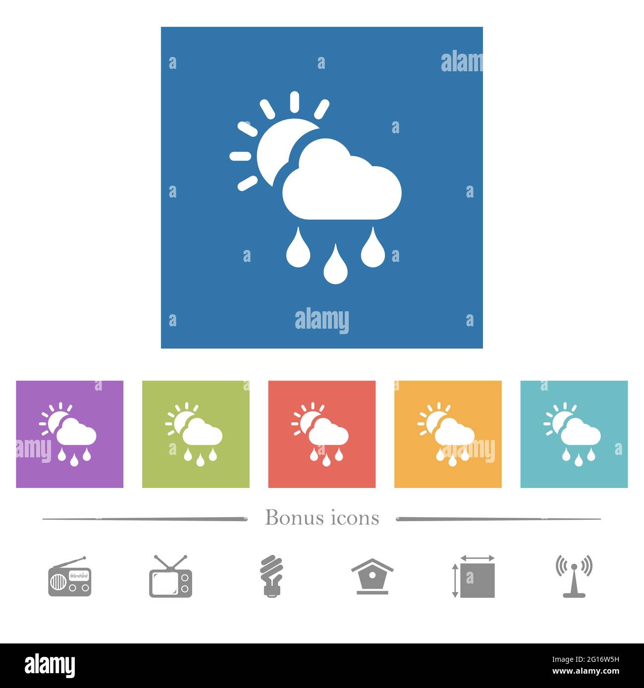 Sunny and rainy weather flat white icons in square backgrounds. 6 bonus ...