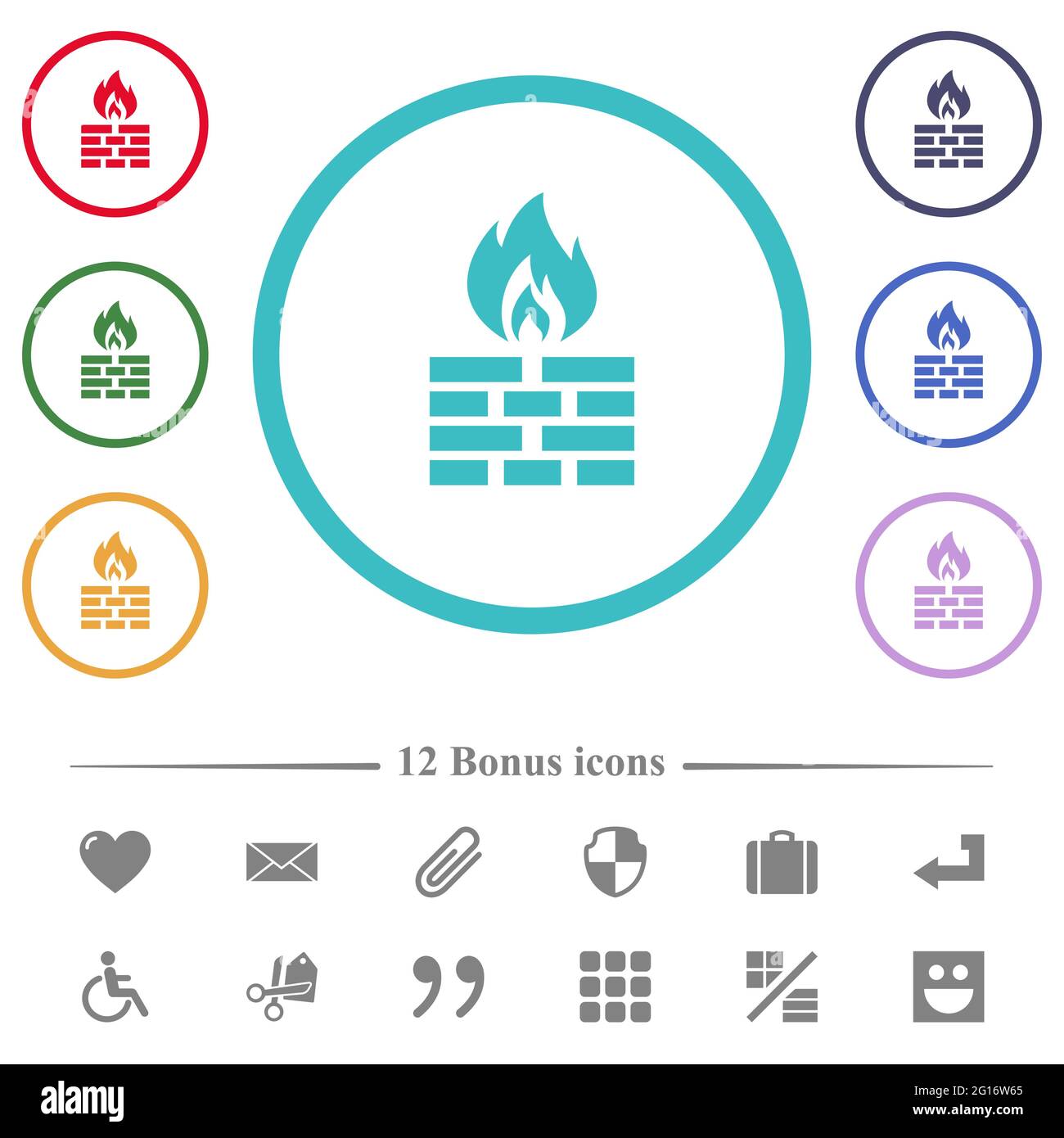 Firewall flat color icons in circle shape outlines. 12 bonus icons ...